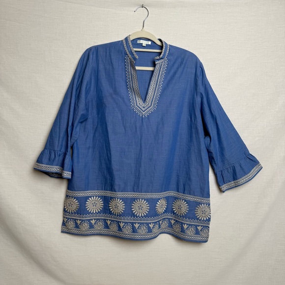 Jade | Tops | Jade By Melody Tam Blue Split Neck Boho Embroidered Tunic ...
